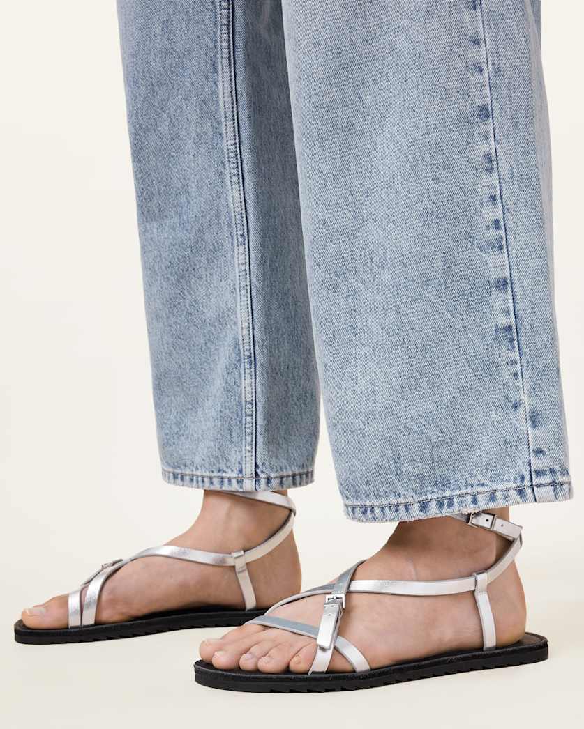 Tyla Metallic Leather Sandals Silver | ALLSAINTS US